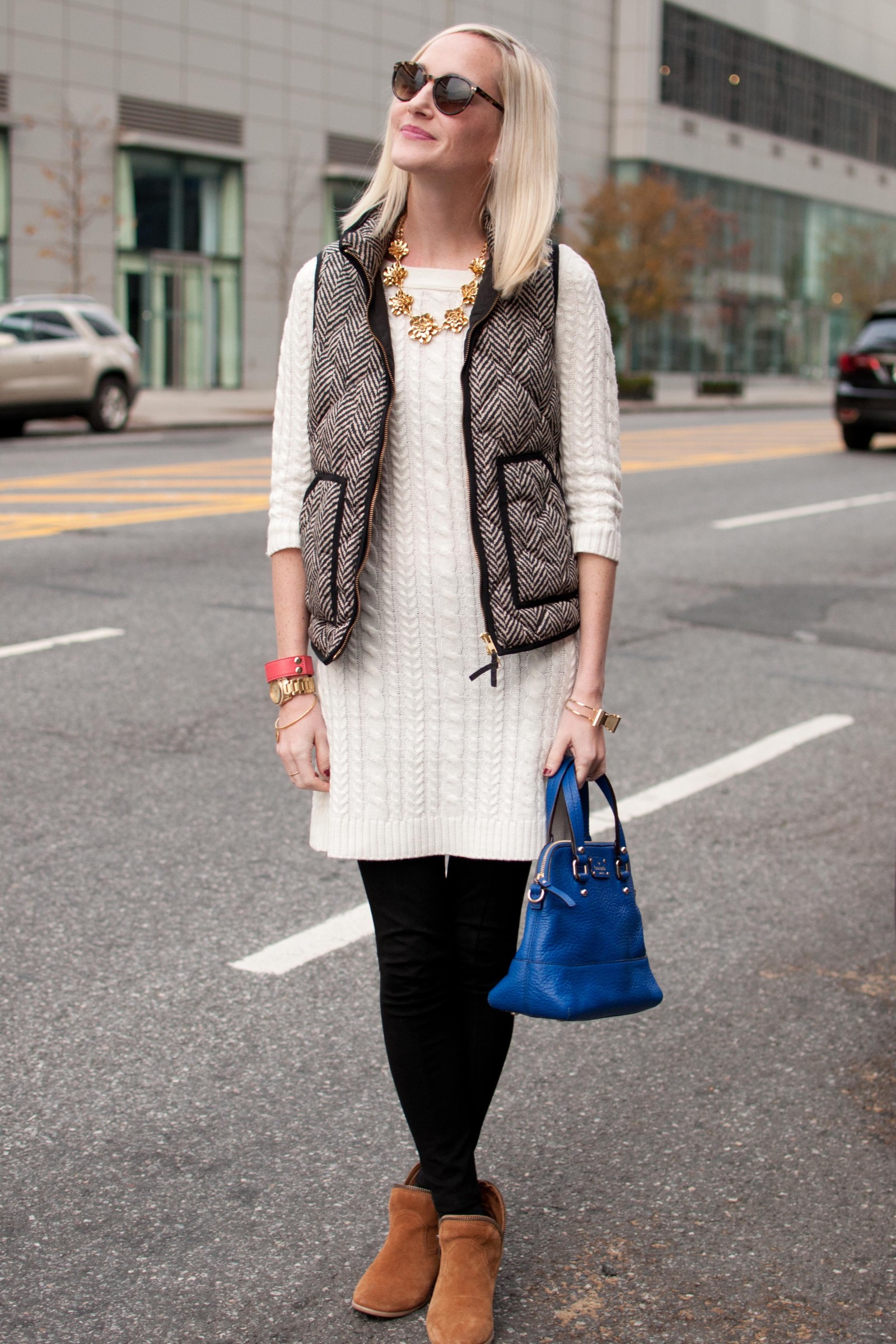 Chilly Fall Days in NYC: Sweater Dresses, Leggings, and Pops of Cobalt